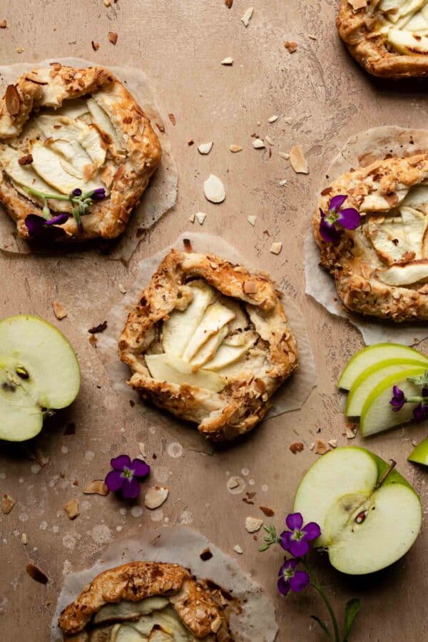 Mini apple galettes filled with almond fragipane and apples.