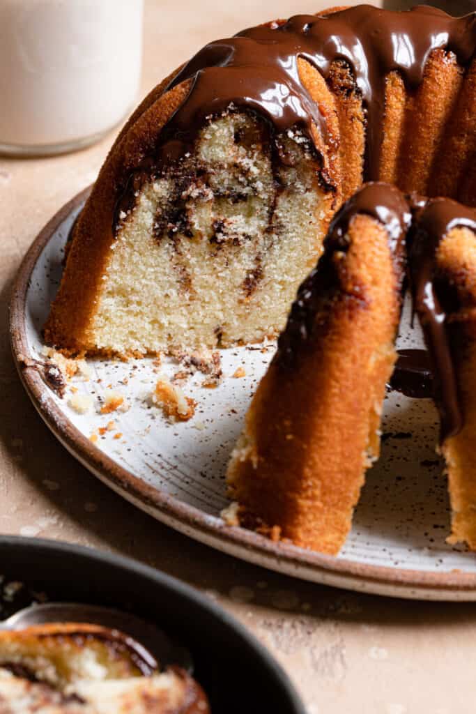 Snickers Bundt cake has the perfect buttery, tender, and fluffy texture